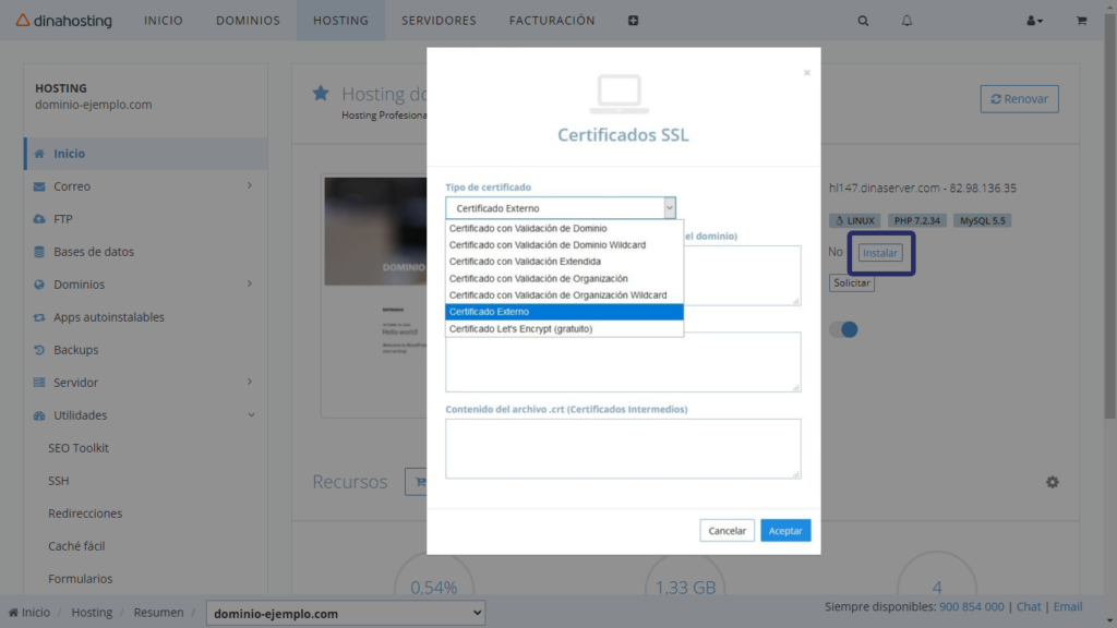 ¿Cómo puedo instalar un certificado externo en mi hosting?