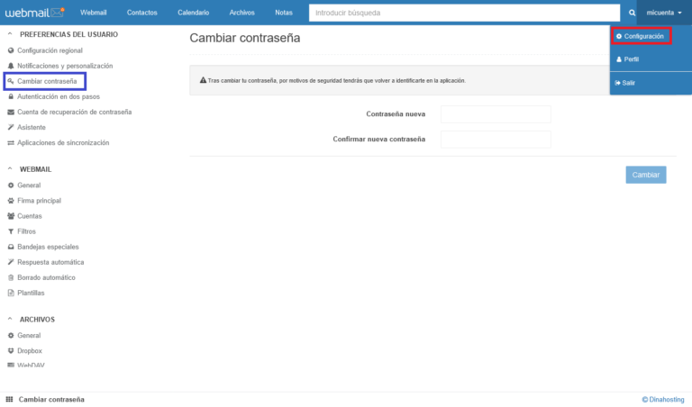 ¿Cómo actualizar la contraseña de Webmail? - Ayuda | dinahosting