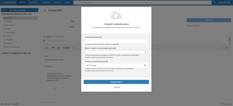 Sube y comparte archivos con enlaces desde tu Webmail Dinahosting